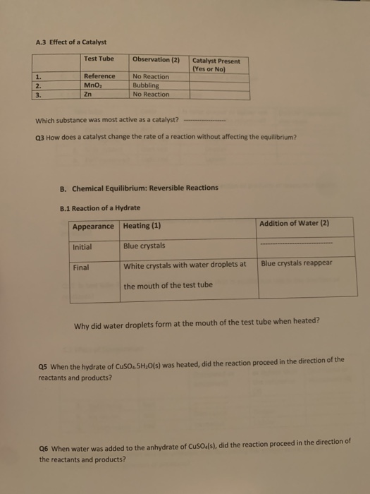 Solved A.3 Effect of a Catalyst Test Tube Observation (2) | Chegg.com