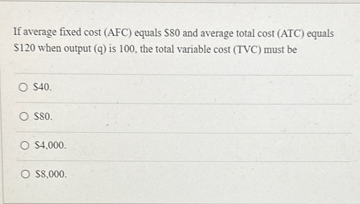 Solved If average fixed cost (AFC) ﻿equals $80 ﻿and average | Chegg.com