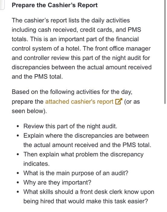 Solved Cashier's Report:\begin{tabular}{|l|l|l|l|l|l|l|} | Chegg.com