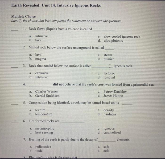 Solved Earth Revealed: Unit 14, Intrusive Igneous Rocks | Chegg.com