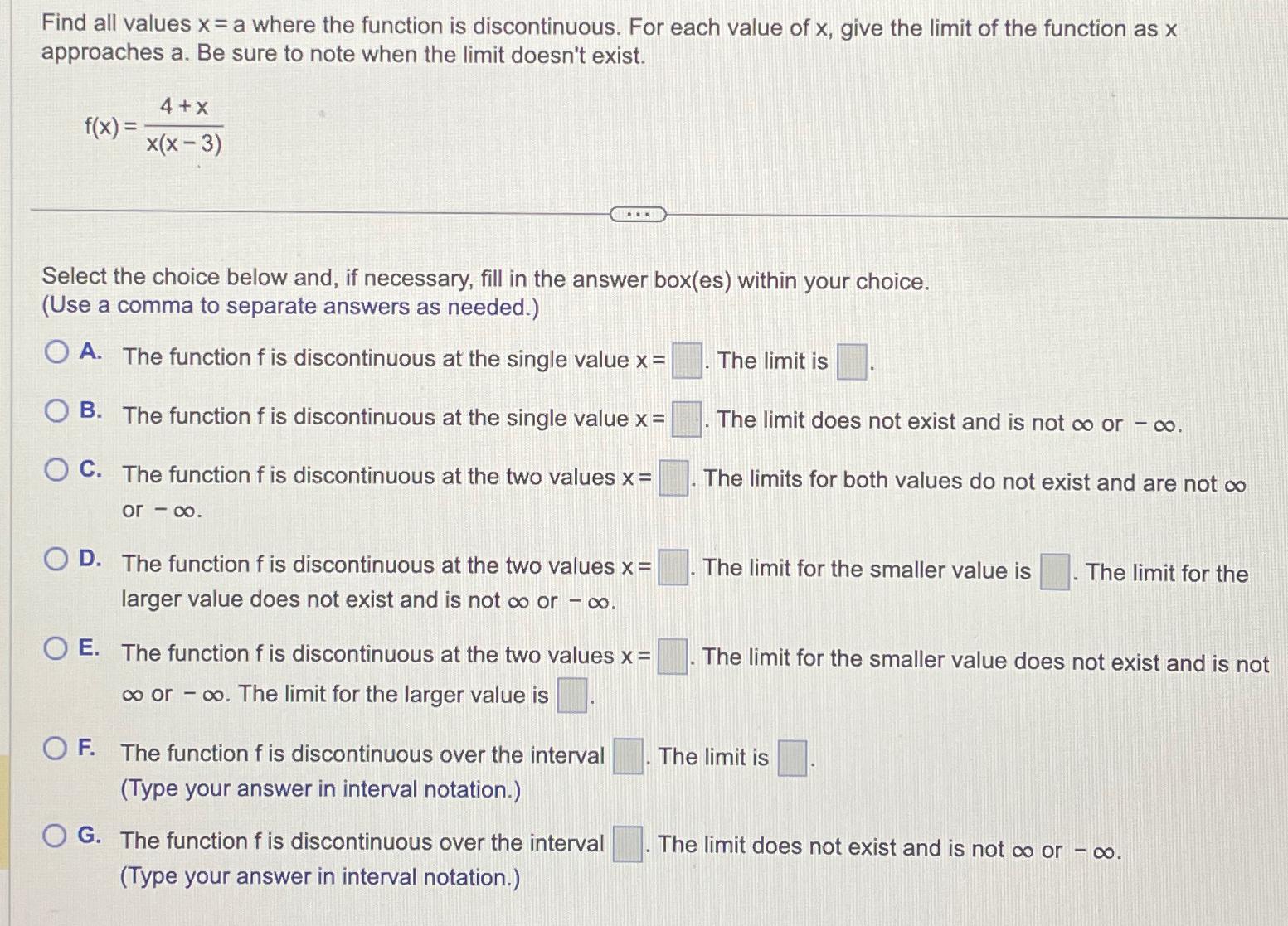 Solved Find all values x=a where the function is | Chegg.com