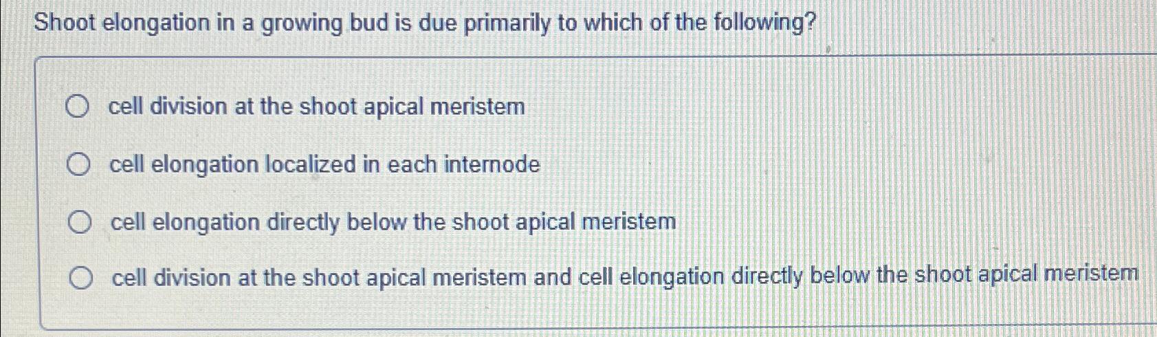 Solved Shoot elongation in a growing bud is due primarily to | Chegg.com