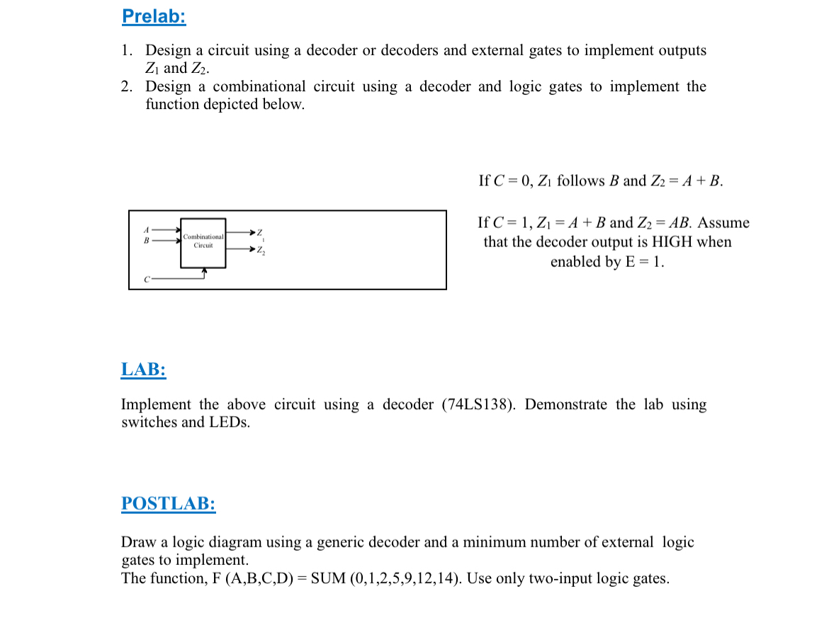 Solved Prelab:Design a circuit using a decoder or decoders | Chegg.com