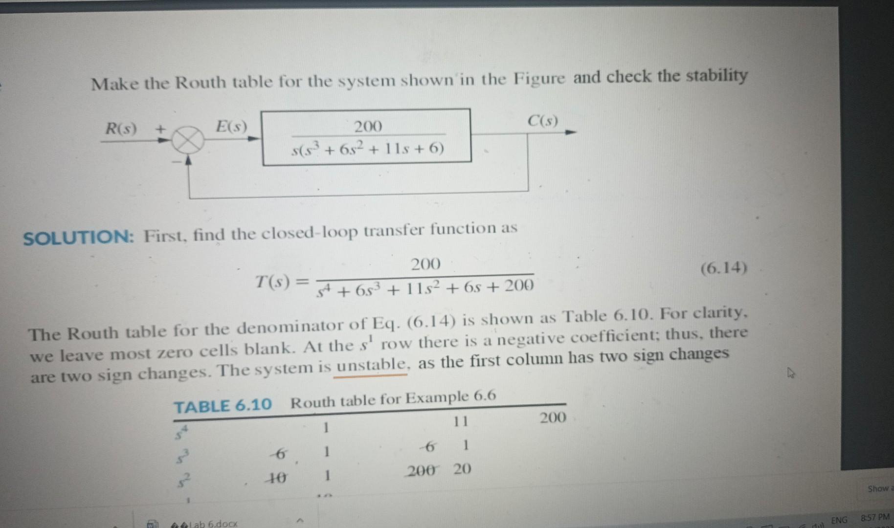 Make the Routh table for the system shown in the | Chegg.com