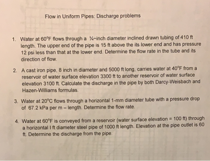 Solved Flow in Uniform Pipes: Discharge problems 1. Water at | Chegg.com