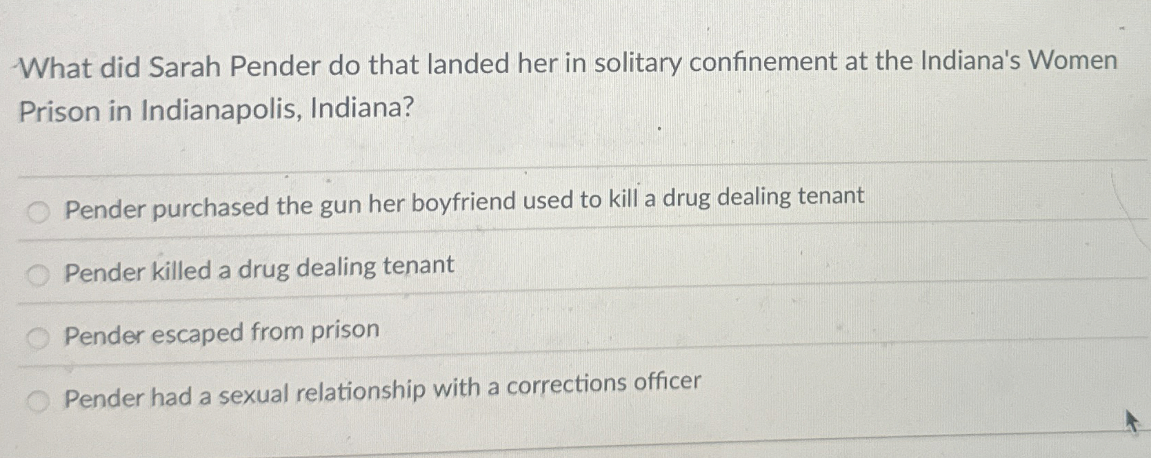 Solved What did Sarah Pender do that landed her in solitary | Chegg.com