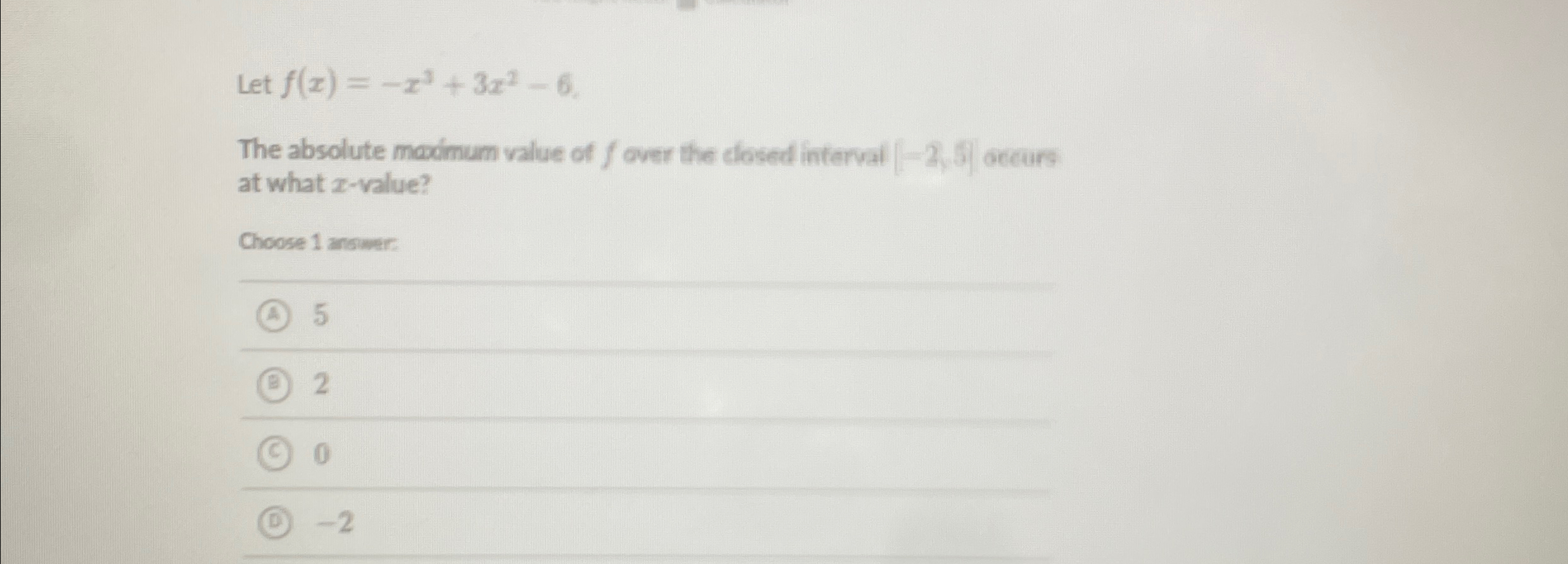 Solved Let f(x)=-x3+3x2-6The absolute modimum value of f | Chegg.com