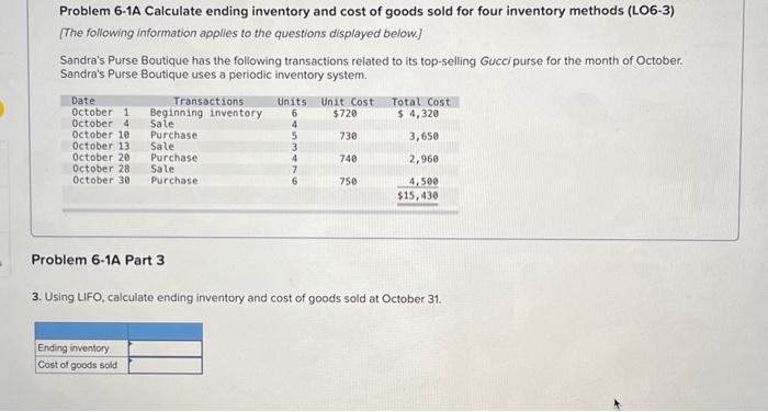 Solved Problem 6-1A Calculate ending inventory and cost of | Chegg.com
