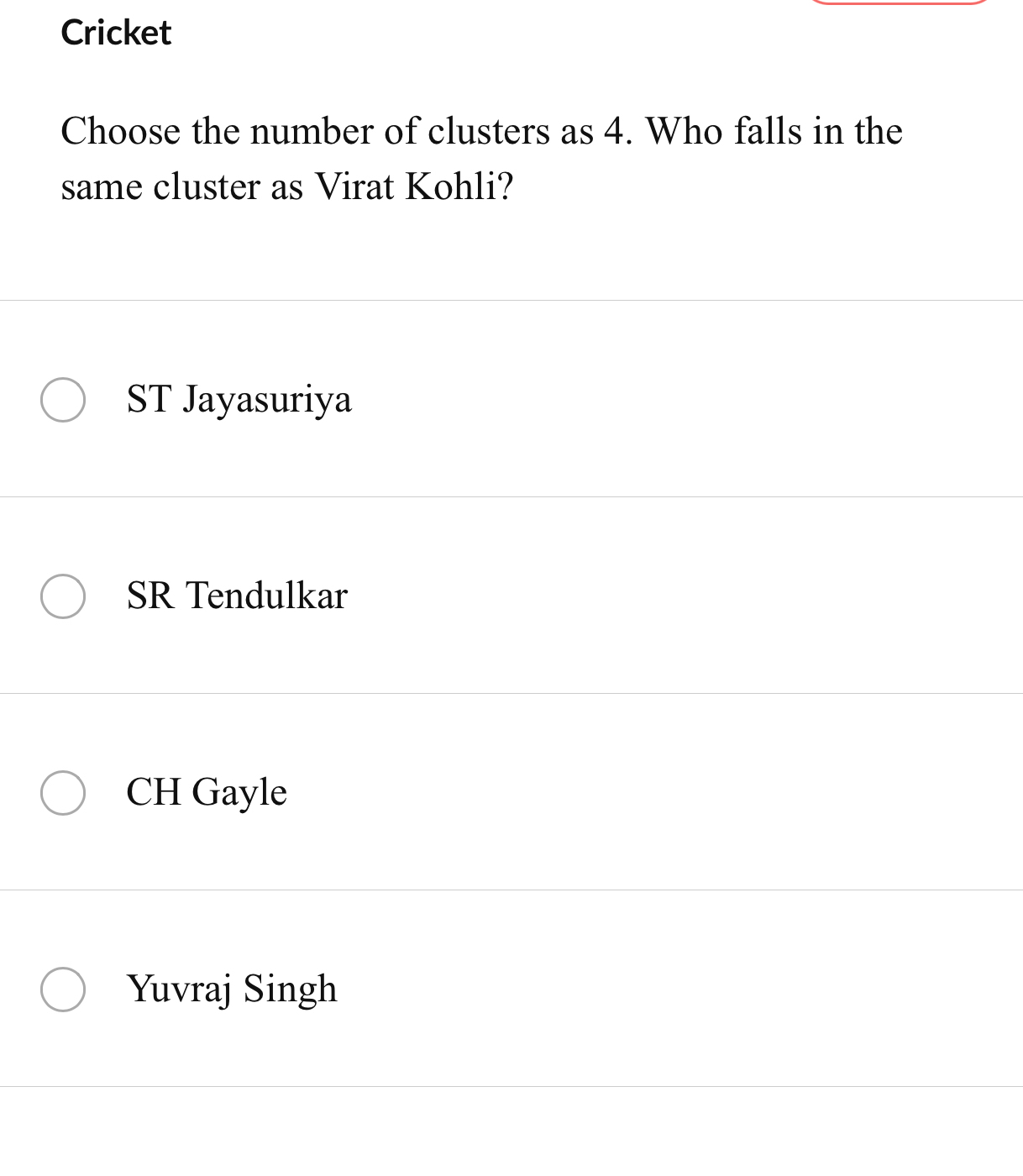 Solved CricketChoose the number of clusters as 4 . ﻿Who | Chegg.com