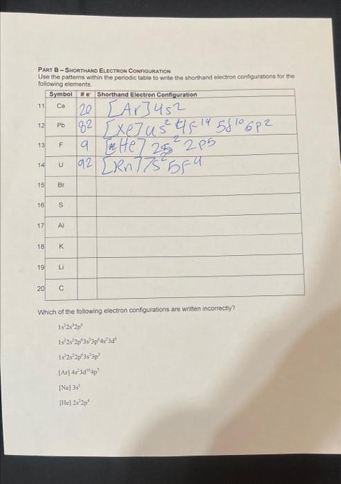 Solved Chemistry Part A Longhand Electron Configuration