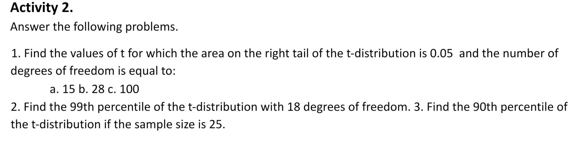 Solved Activity 1. Use the t-table to identify the area | Chegg.com