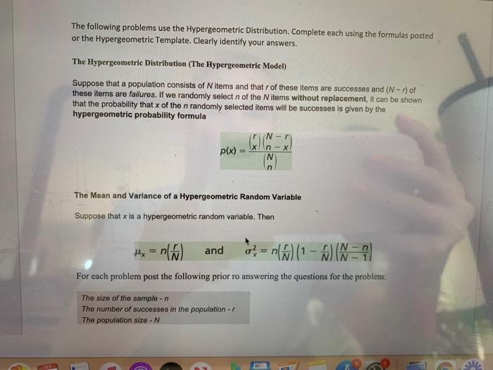 Solved The following problems use the Hypergeometric | Chegg.com