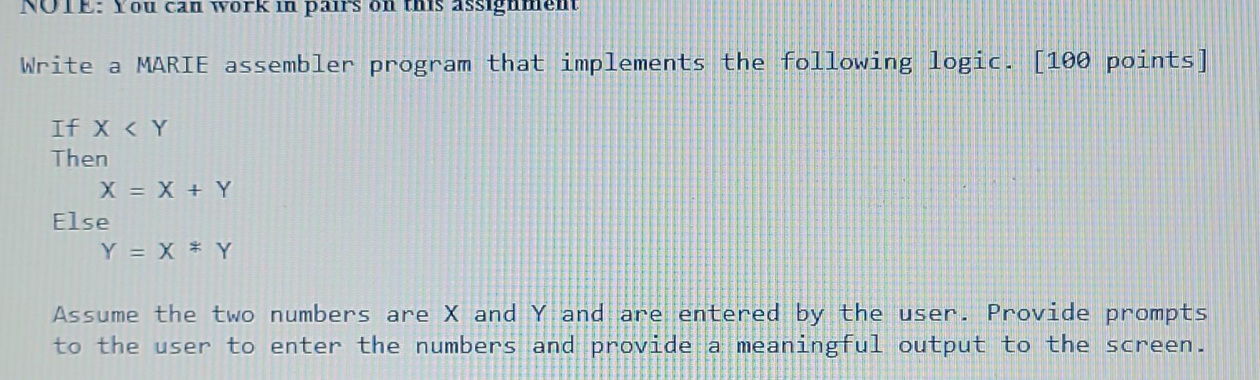 Solved Write A Marie Assembler Program That Implements The