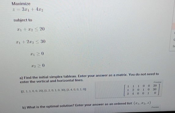 ]≤20[0a) ﻿Find the initial simplex tableau. Enter | Chegg.com