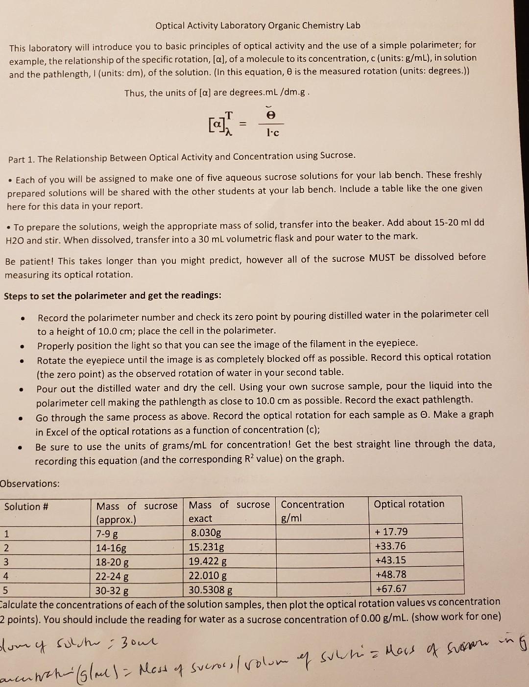 Optical Activity Laboratory Organic Chemistry Lab | Chegg.com