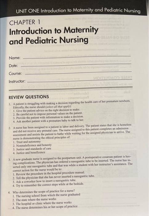 Solved UNIT ONE Introduction to Maternity and Pediatric | Chegg.com