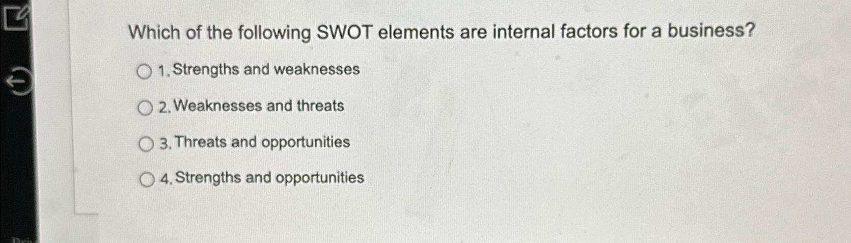 Solved Which of the following SWOT elements are internal | Chegg.com