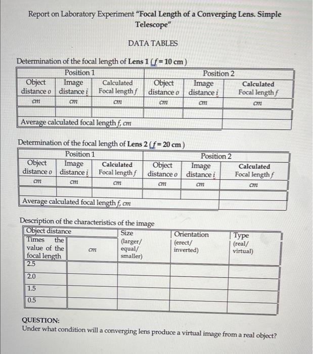Solved Report on Laboratory Experiment “Focal Length of a | Chegg.com