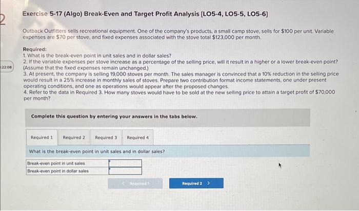 Solved Exercise 5-17 (Algo) Break-Even and Target Profit | Chegg.com