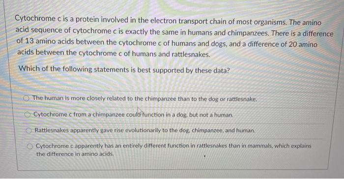 Solved Cytochrome c is a protein involved in the electron | Chegg.com