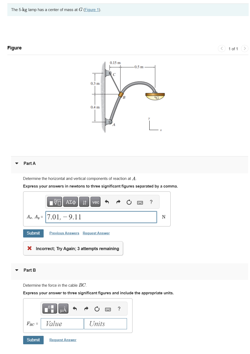Solved The 5-kg lamp has a center of mass at Ga) ﻿Determine | Chegg.com