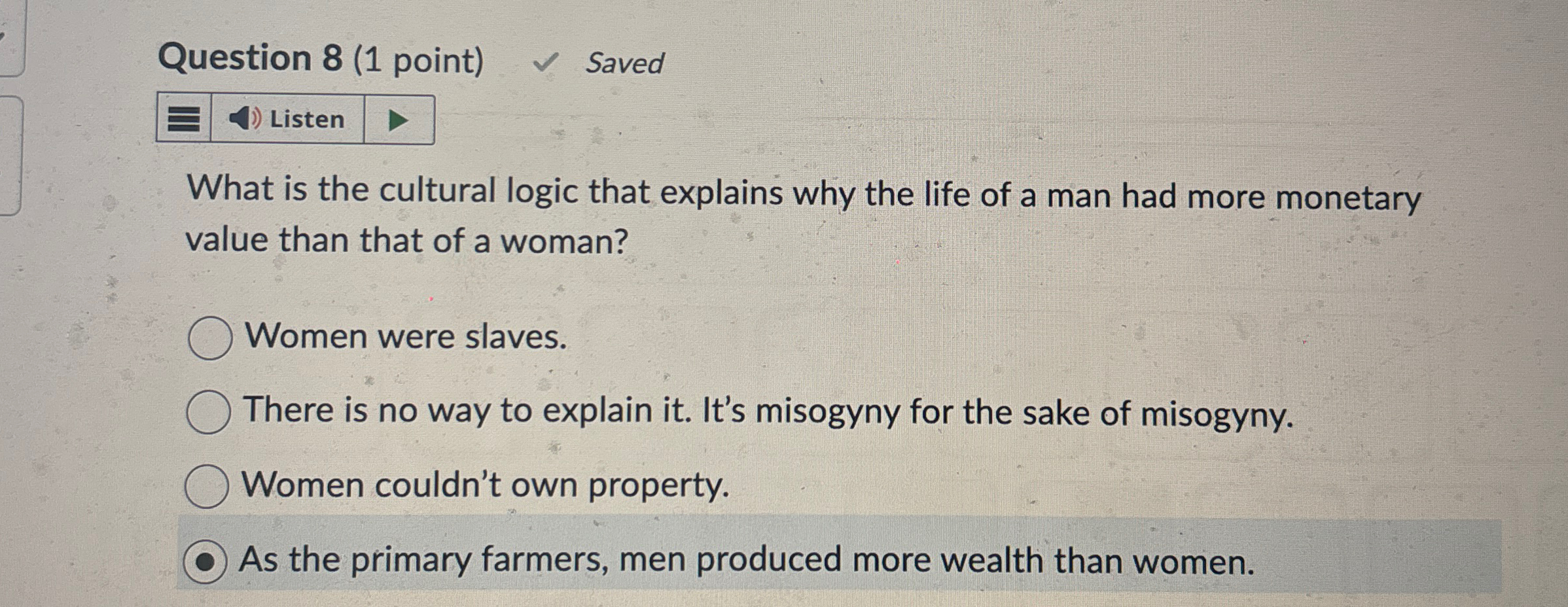 Solved Question 8 (1 ﻿point)SavedListenWhat is the cultural | Chegg.com