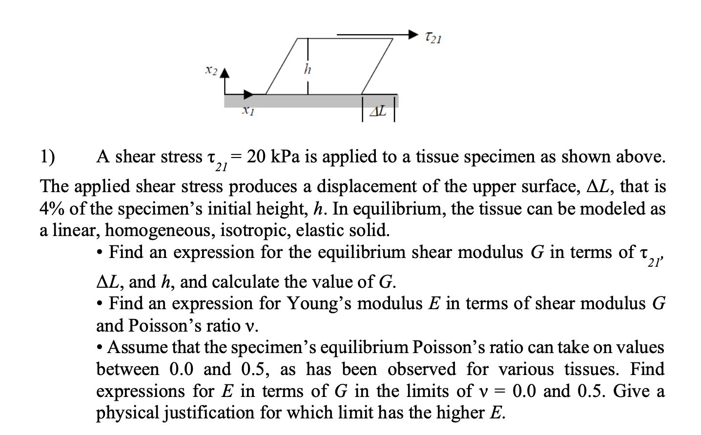 A shear stress τ21 = 20 ﻿kPa is applied to a tissue | Chegg.com