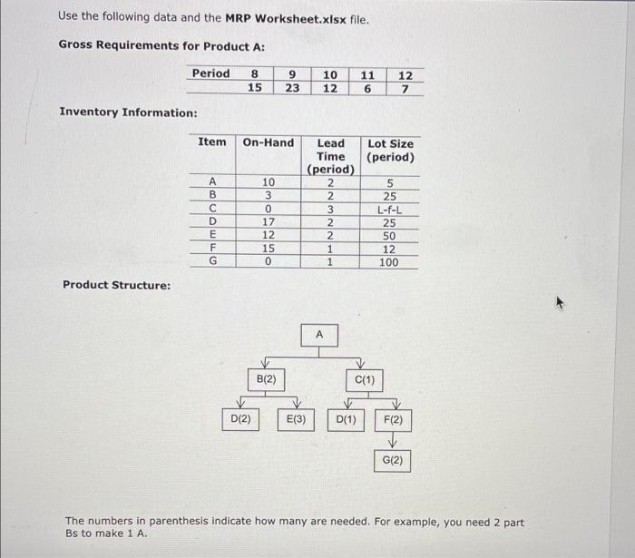 Solved Use the following data and the MRP Worksheet.xlsx | Chegg.com