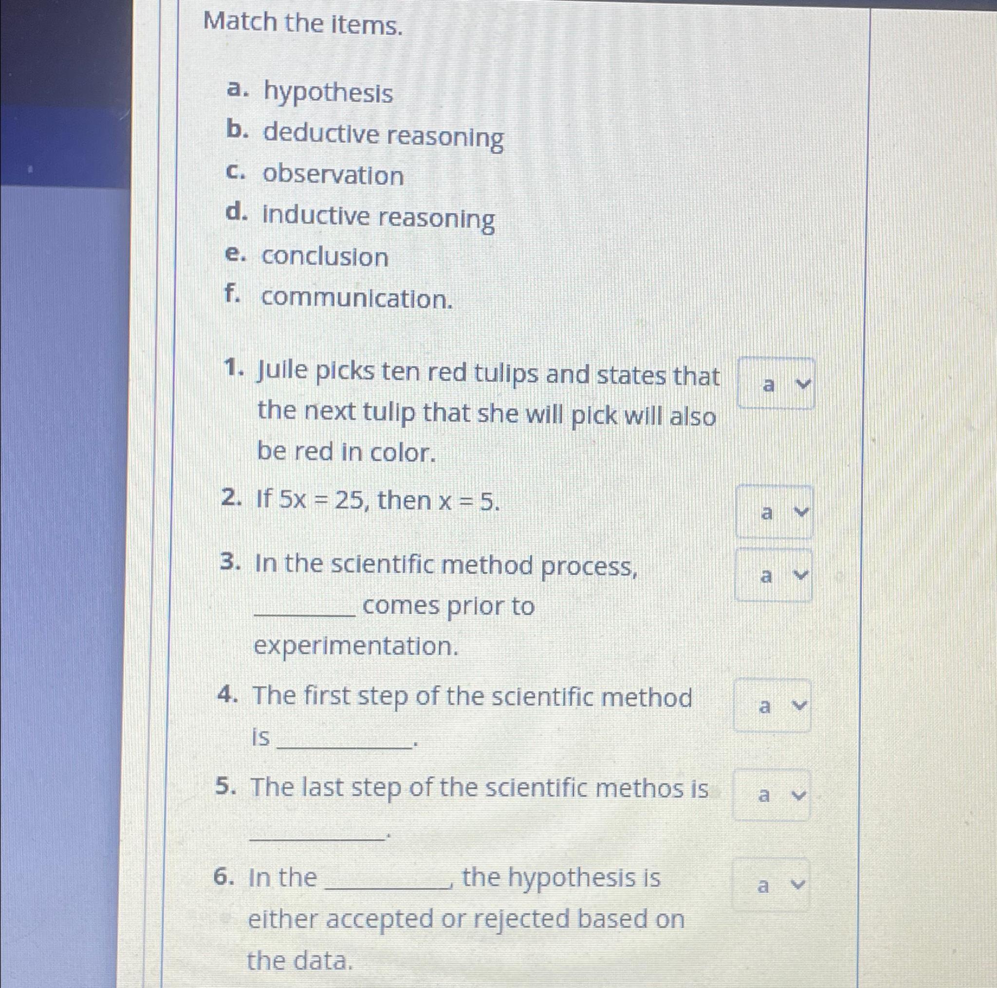 Solved Match the items.\\na. hypothesis\\nb. deductive | Chegg.com