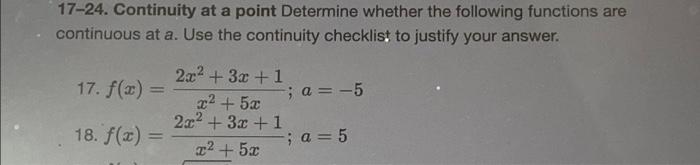 Solved 17-24. Continuity at a point Determine whether the | Chegg.com