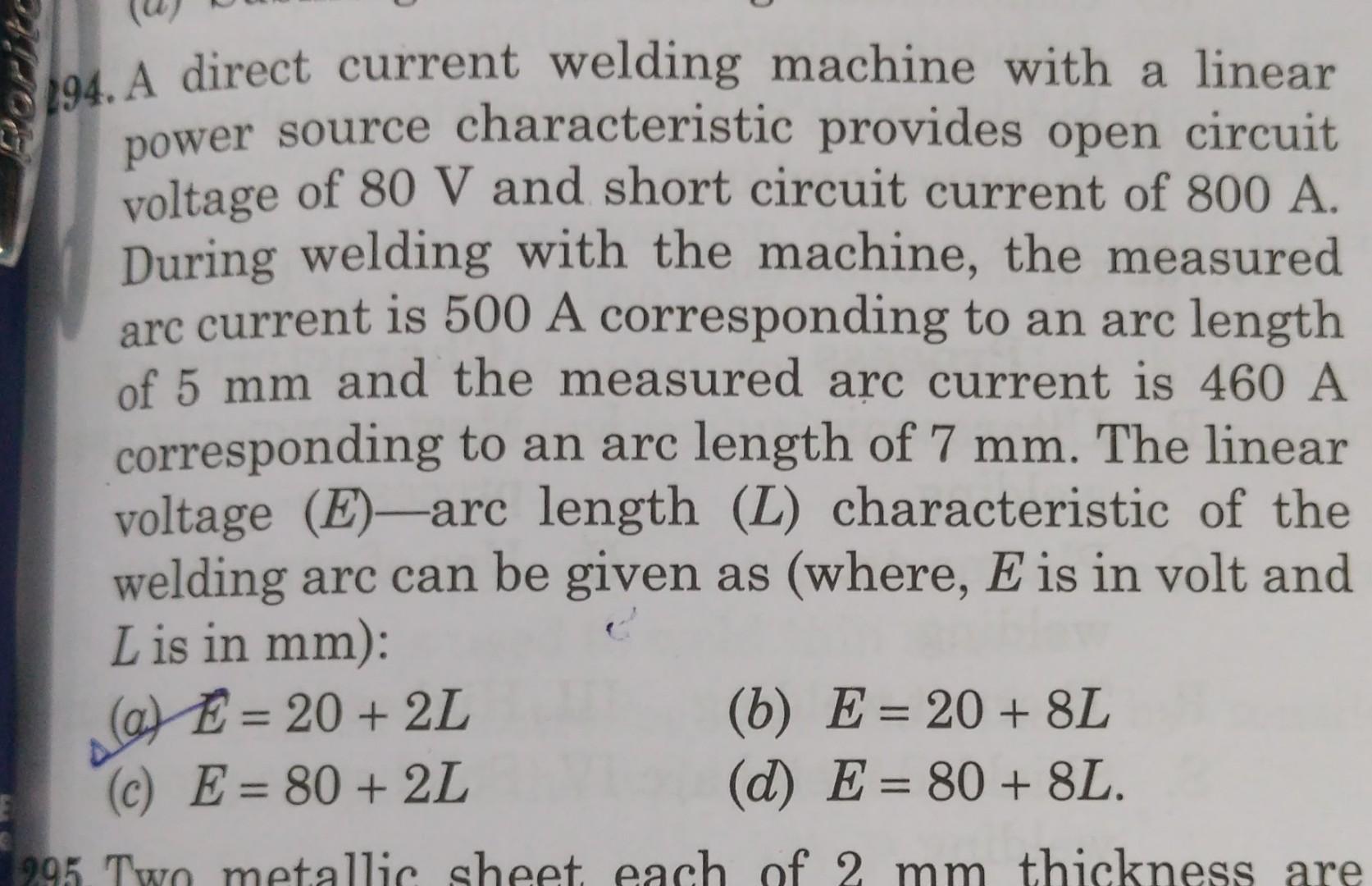 Solved 94. A direct current welding machine with a linear | Chegg.com