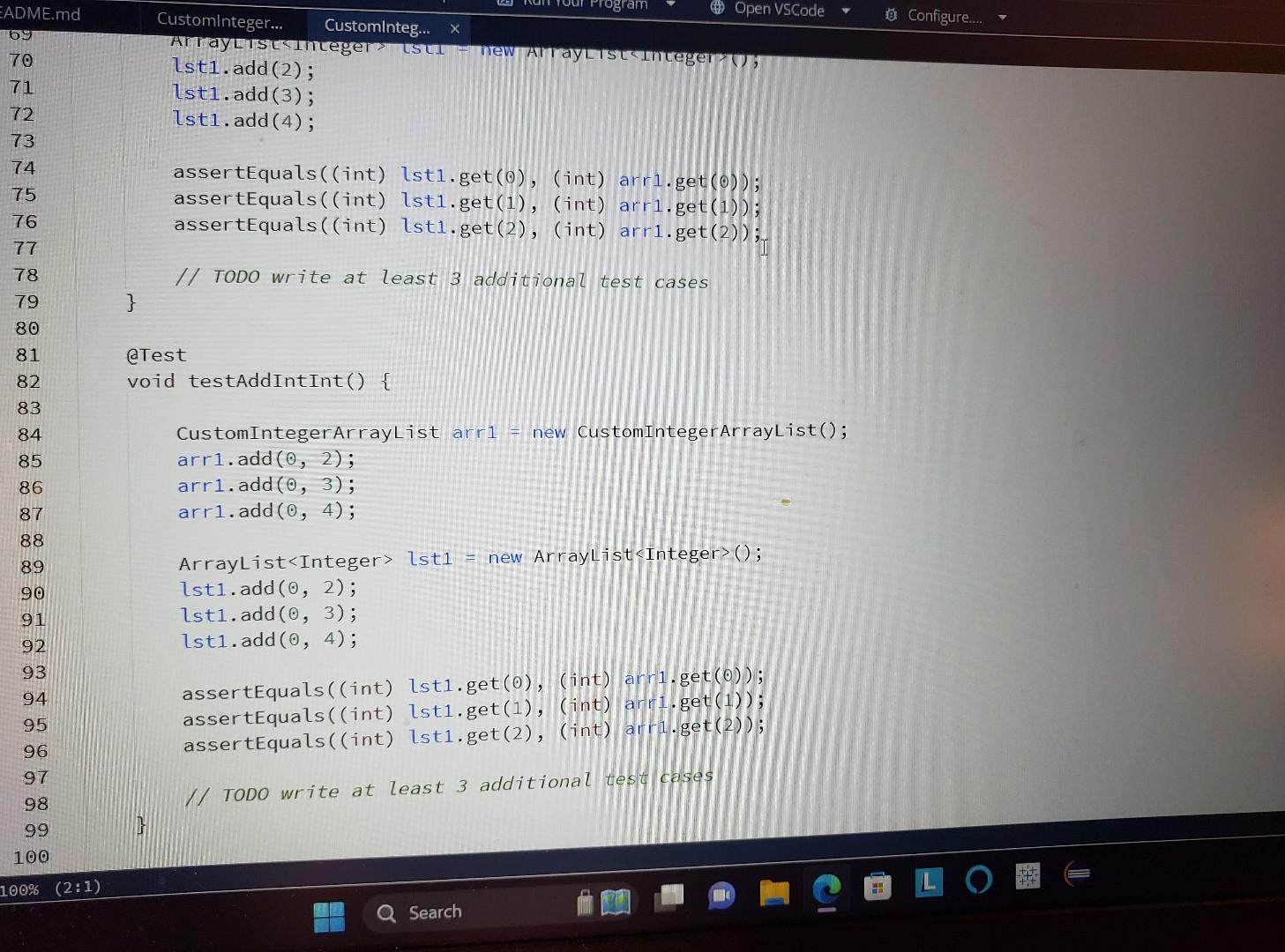 Solved assertEquals((int) Lst1.get(1), (int) arr1.get(1)); | Chegg.com
