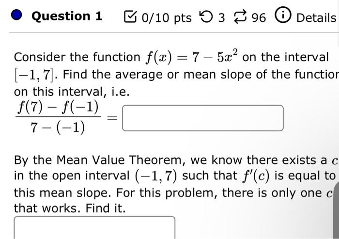 Solved Consider the function f(x)=7−5x2 on the interval | Chegg.com