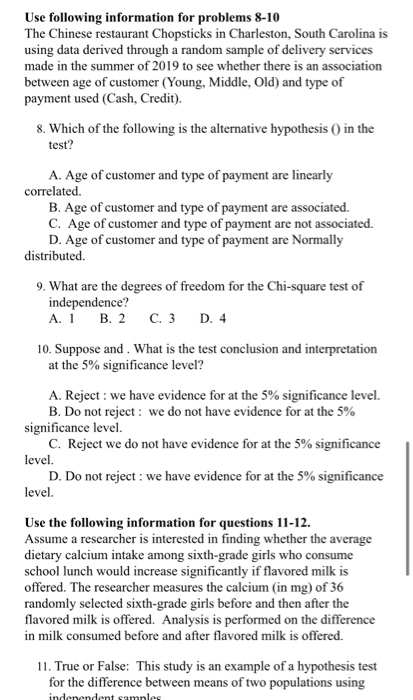 Solved Use following information for problems 8-10 The | Chegg.com