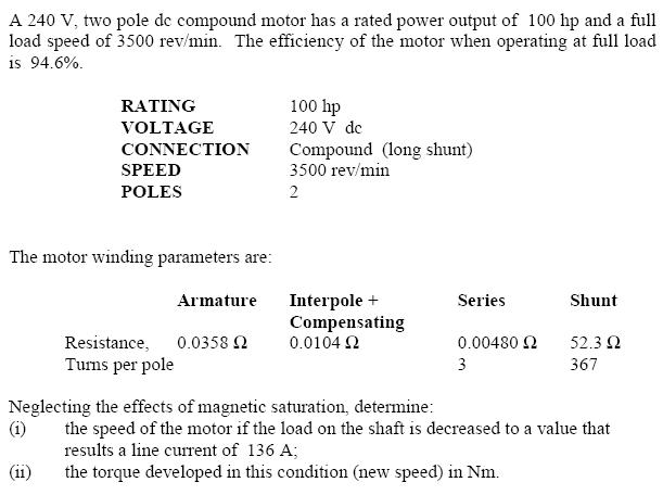 A 240 V, two pole dc compound motor has a rated power | Chegg.com