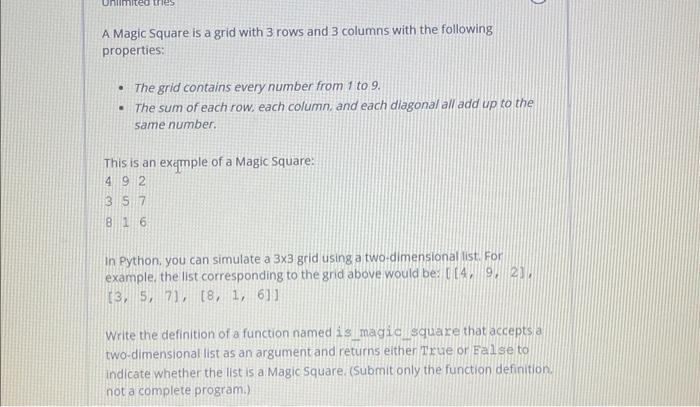 Solved A Magic Square is a grid with 3 rows and 3 columns | Chegg.com