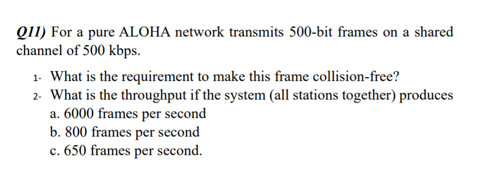 Solved Q11) ﻿For a pure ALOHA network transmits 500 -bit | Chegg.com
