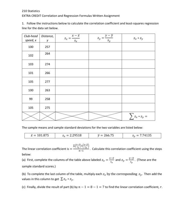 Solved 210 Statistics EXTRA CREDIT Correlation and | Chegg.com