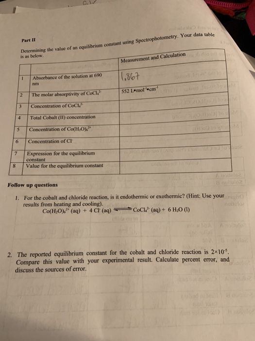 ata Table and Calculation Part I Prepare the cobalt | Chegg.com