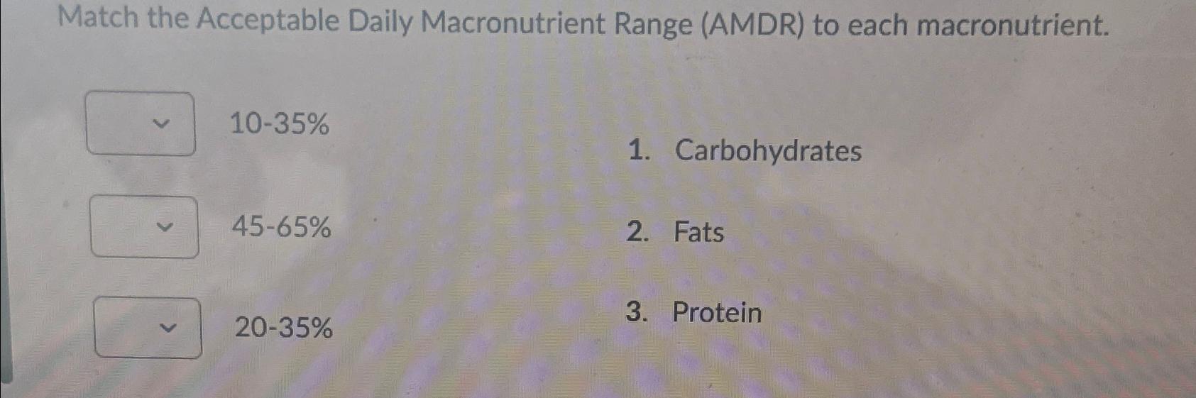 Solved Match the Acceptable Daily Macronutrient Range (AMDR) | Chegg.com