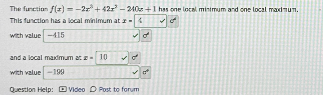 Solved The function f(x)=-2x3+42x2-240x+1 ﻿has one local | Chegg.com