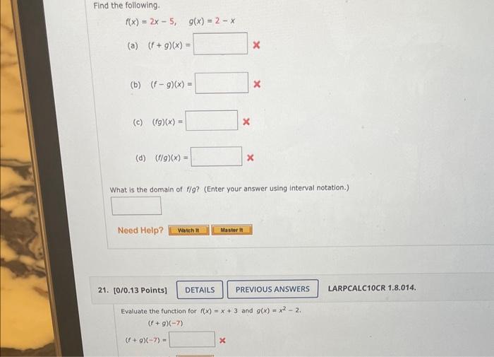 Solved Find the following. f(x)=2x−5,g(x)=2−x (a) (f+g)(x)= | Chegg.com