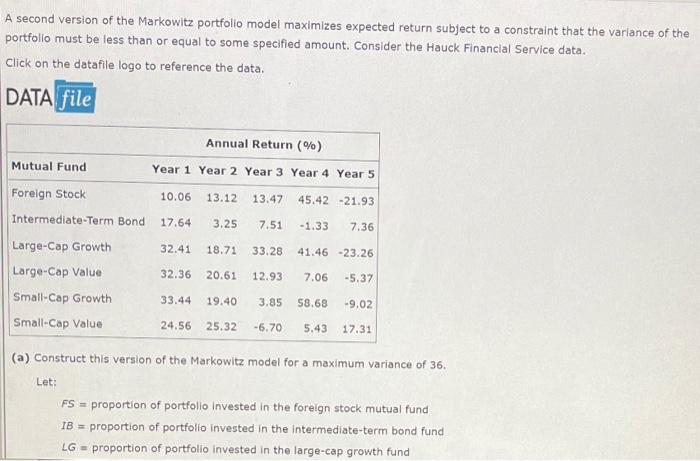A second version of the Markowitz portfolio model | Chegg.com