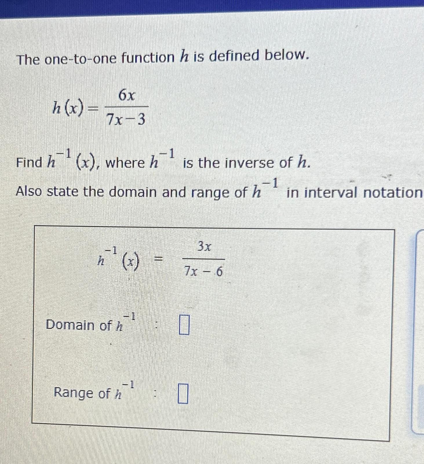 Solved The one-to-one function h ﻿is defined | Chegg.com
