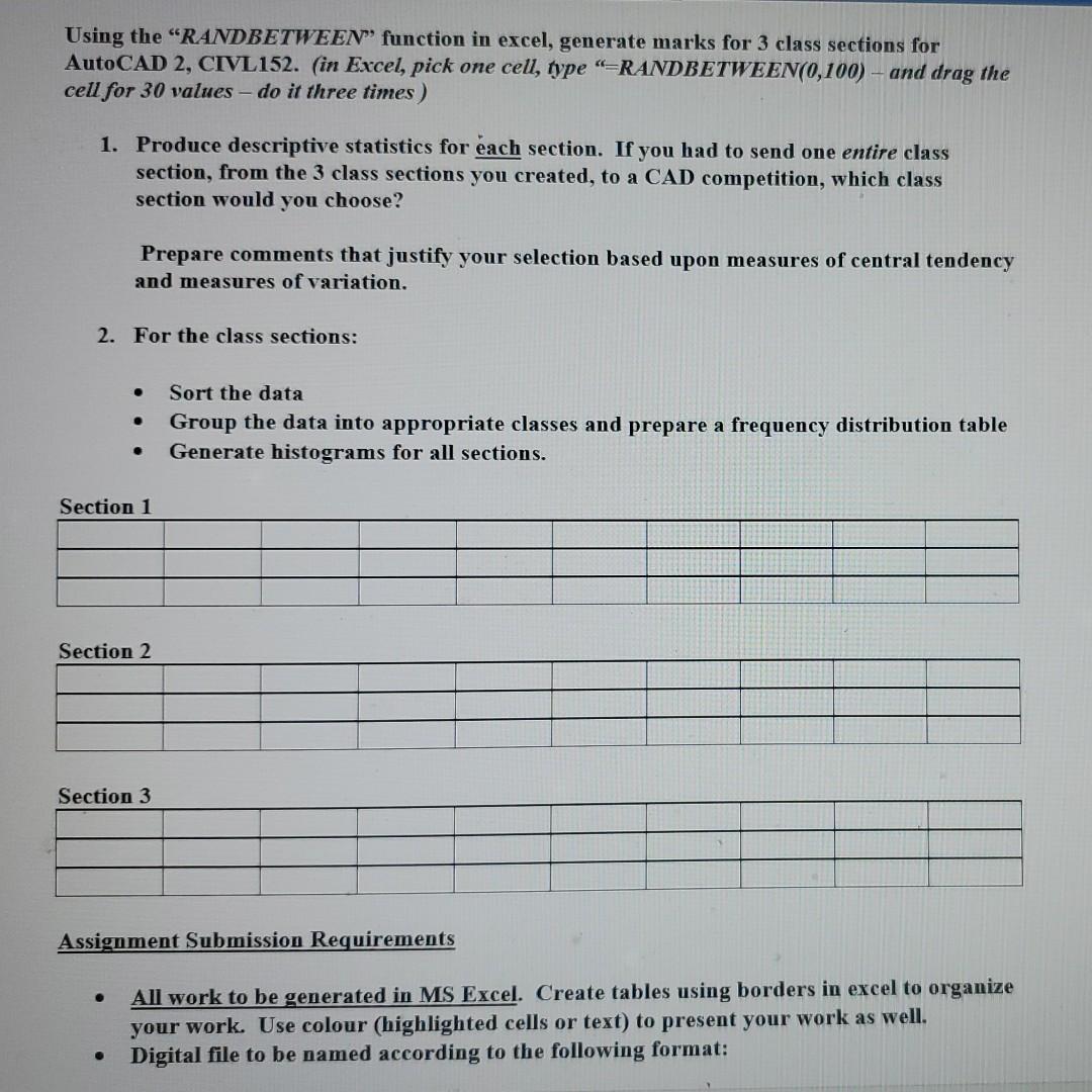 Solved Using the "RANDBETWEEN” function in excel, generate | Chegg.com