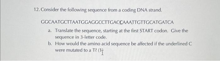 Solved 12. Consider the following sequence from a coding DNA | Chegg.com