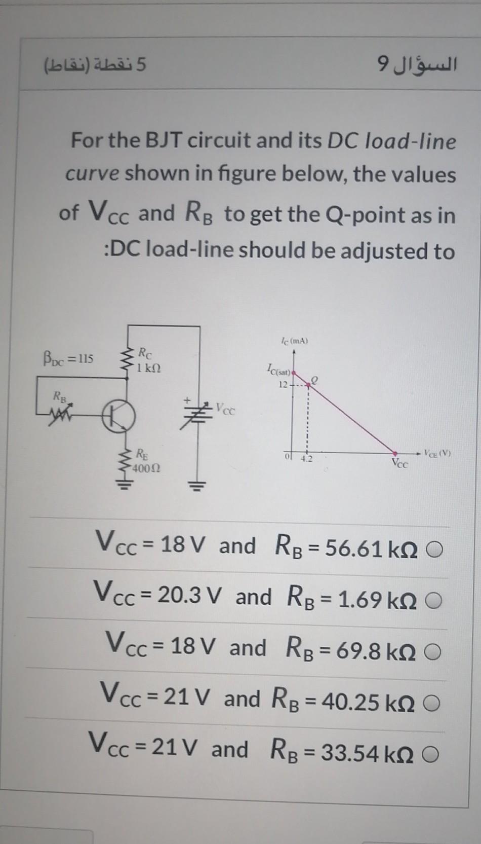 Solved 5 نقطة (نقاط) السؤال 9 For the BJT circuit and its DC | Chegg.com