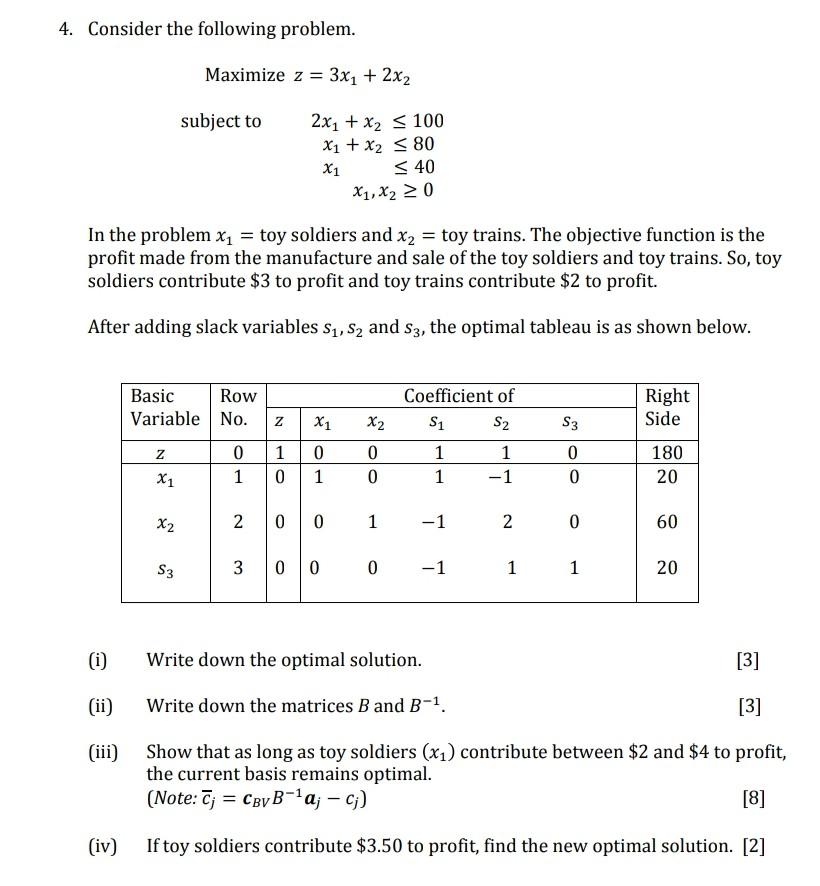 Solved 4. Consider the following problem. Maximize z 3x1 + | Chegg.com