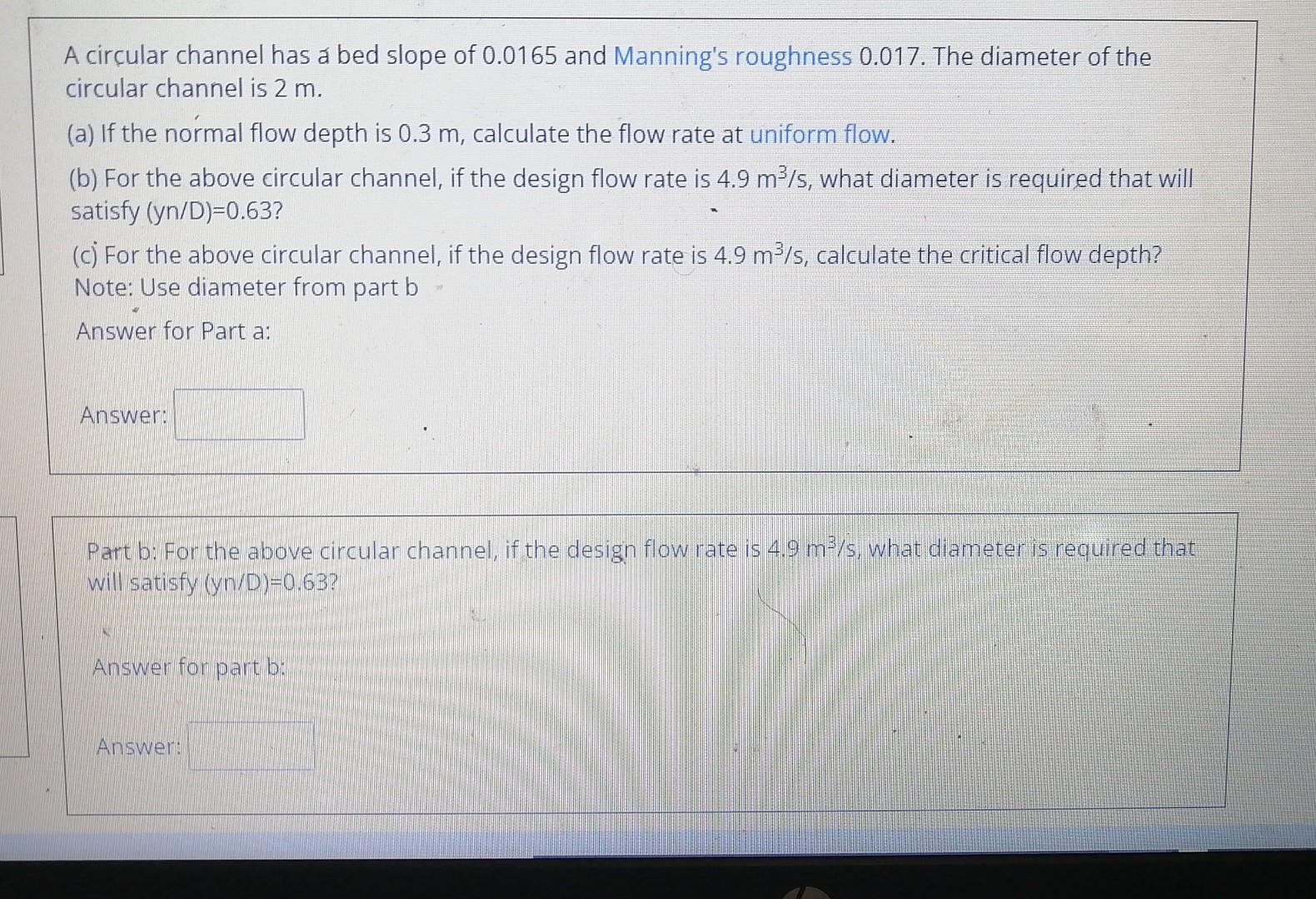 Solved A circular channel has a bed slope of 0.0165 and | Chegg.com