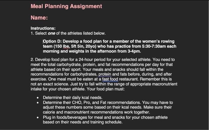 Solved Meal Planning Assignment Name: Instructions: 1. | Chegg.com